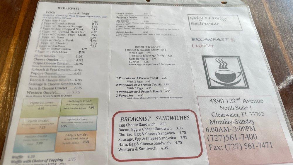 Menu at Gaby's Family Restaurant, Clearwater