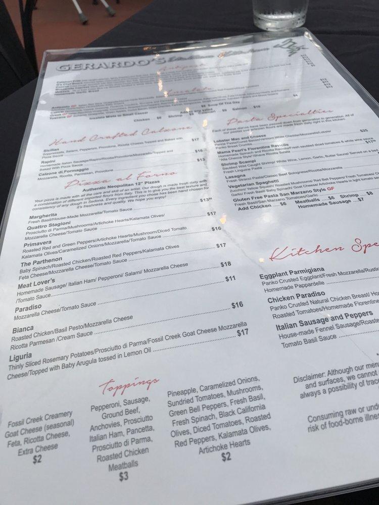 Menu at Gerardo's Pizzeria, Sedona