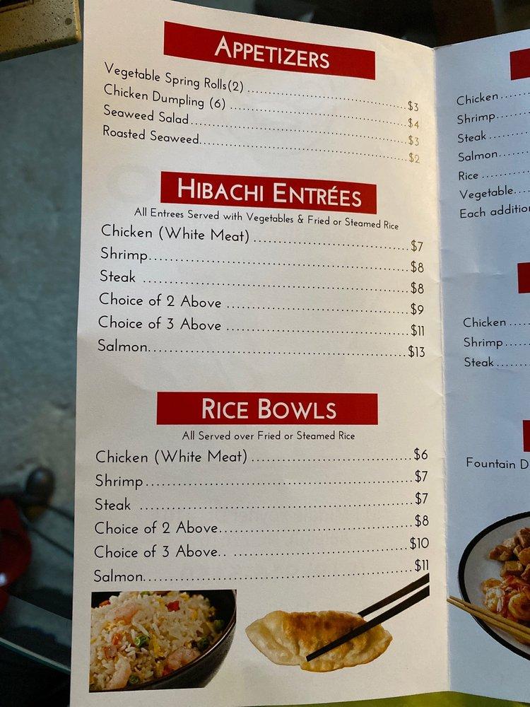Menu at Japan XO restaurant, Raleigh