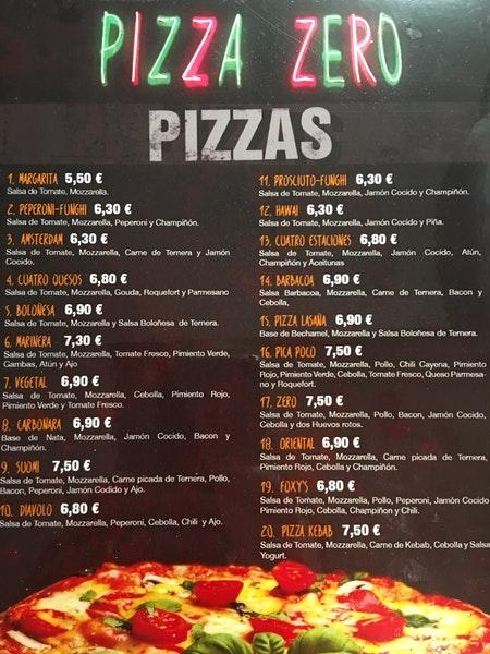Menu at Pizza Zero pizzeria, Torremolinos