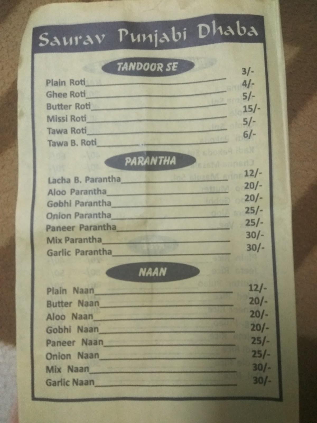 Menu at Saurav Punjabi Dhaba, Delhi