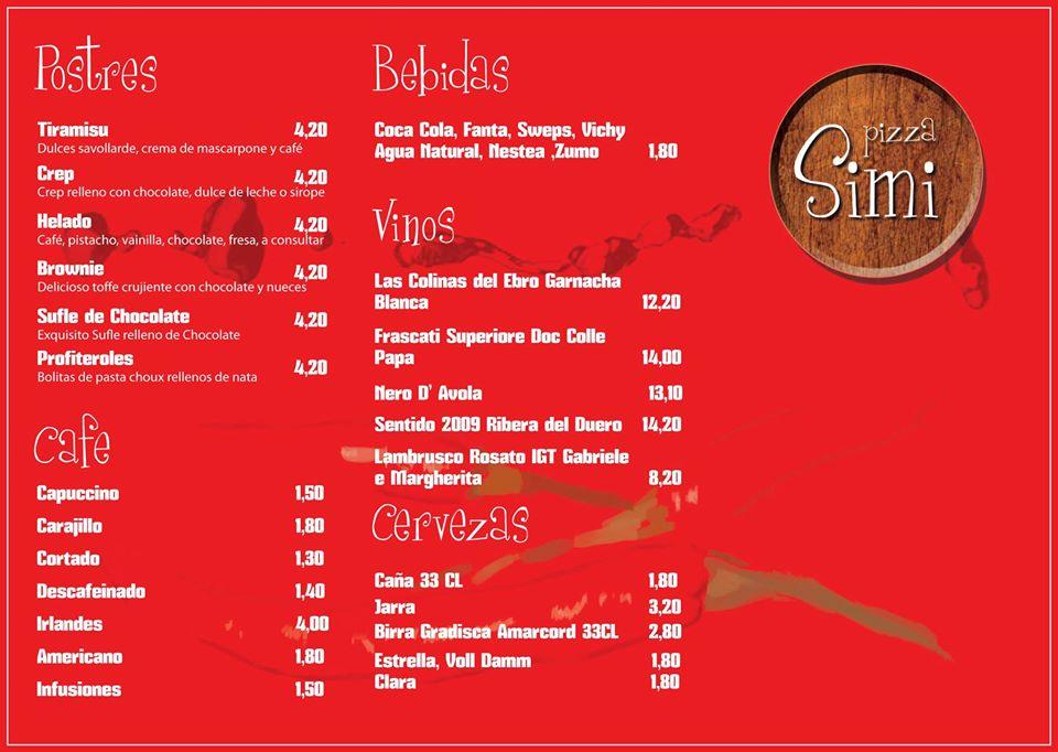 Menu at Symi pizzeria, Barcelona