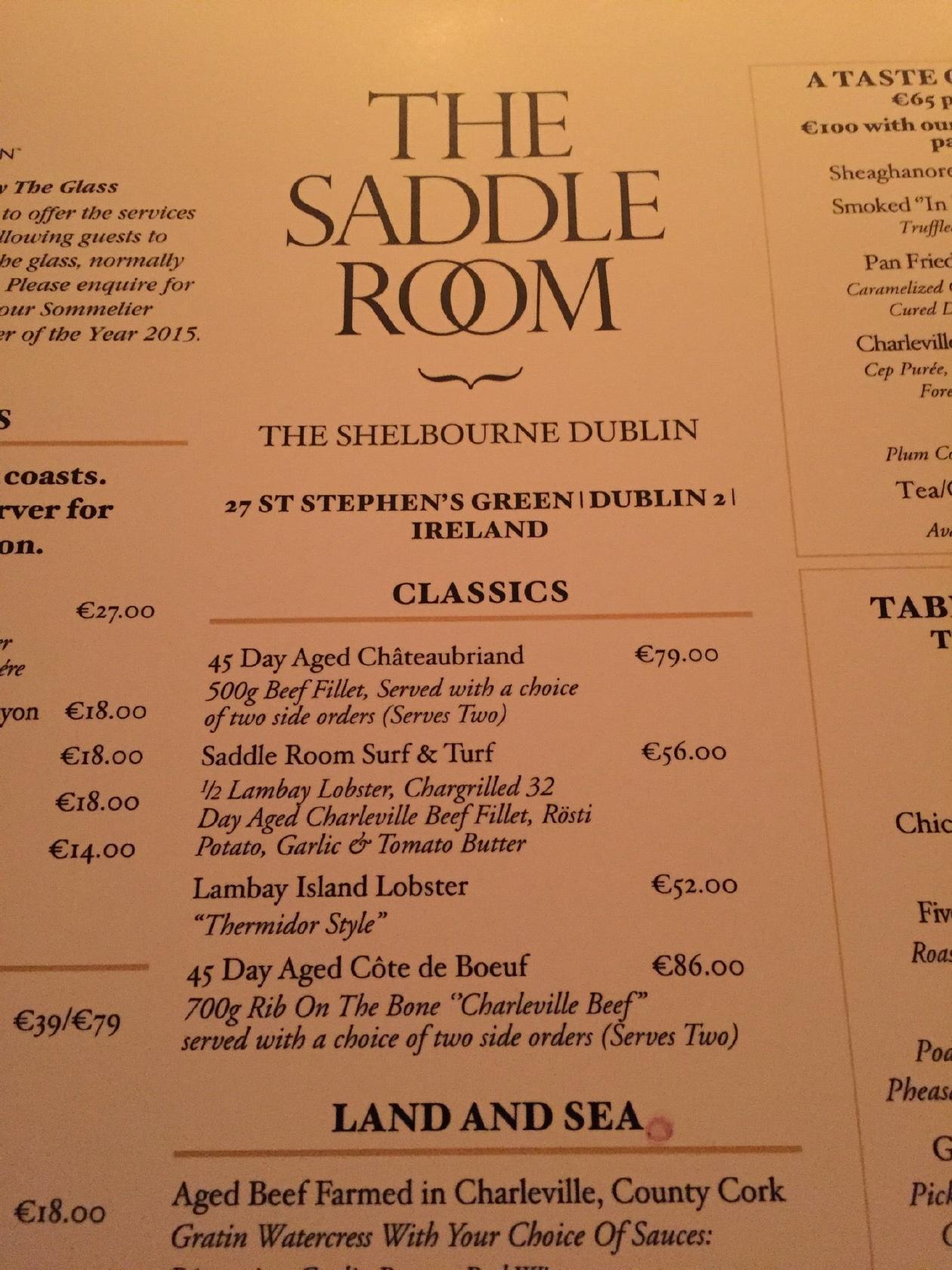 Menu at The Saddle Room restaurant, Dublin