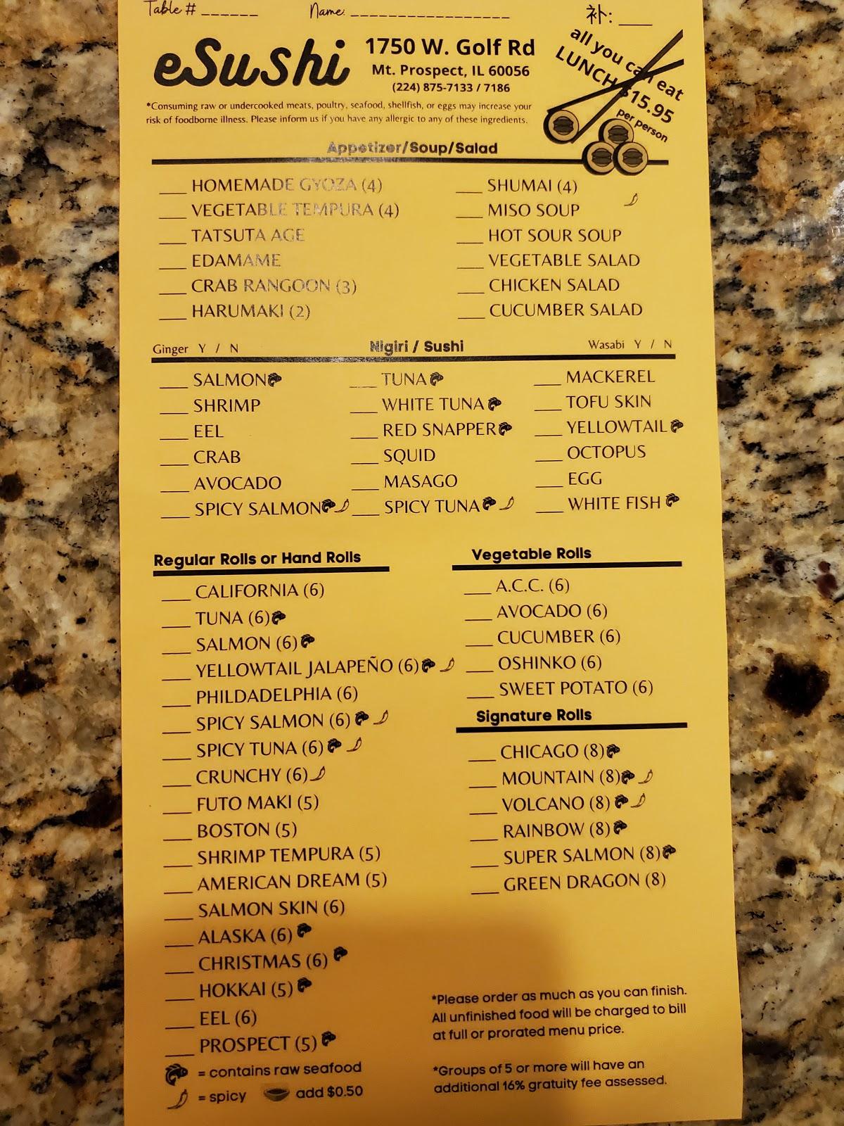 Menu at eSushi restaurant, Mount Prospect