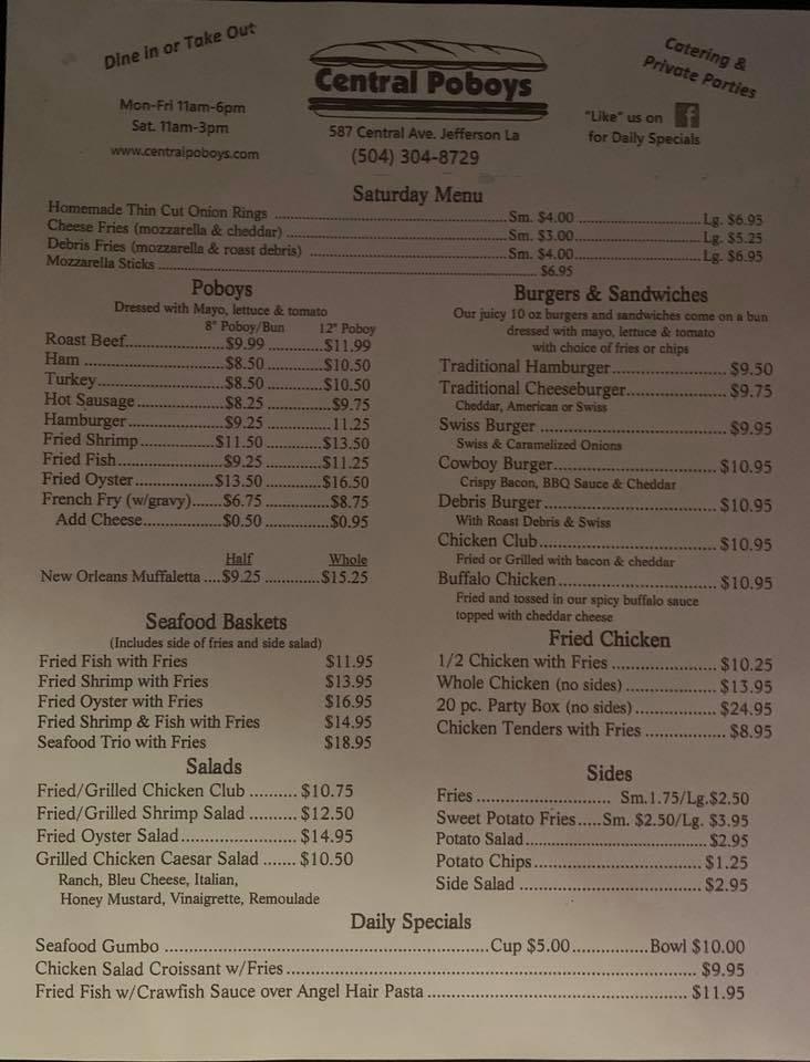 Menu at Central Poboys restaurant, Jefferson
