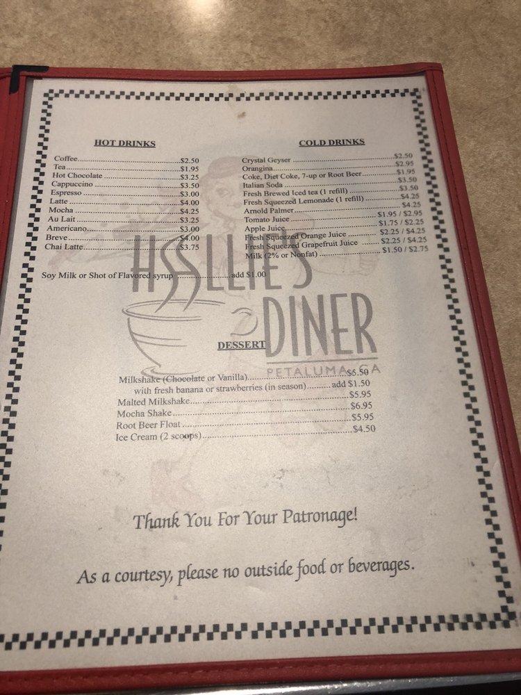 Menu at Hallie's Diner restaurant, Petaluma