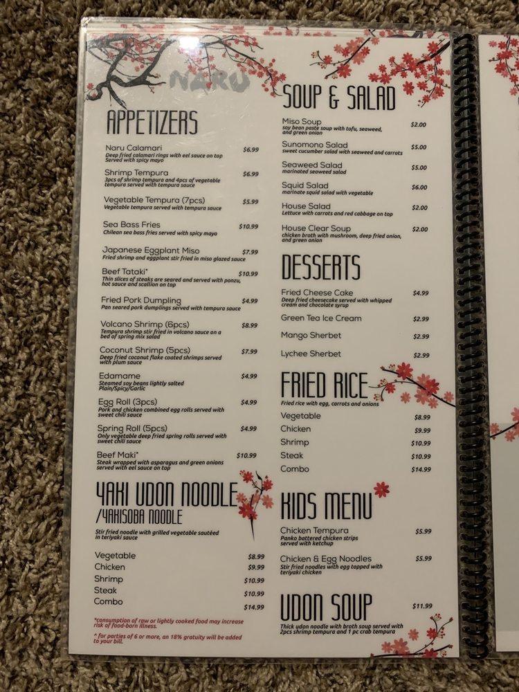 Menu at Naru Japanese Restaurant, Southaven