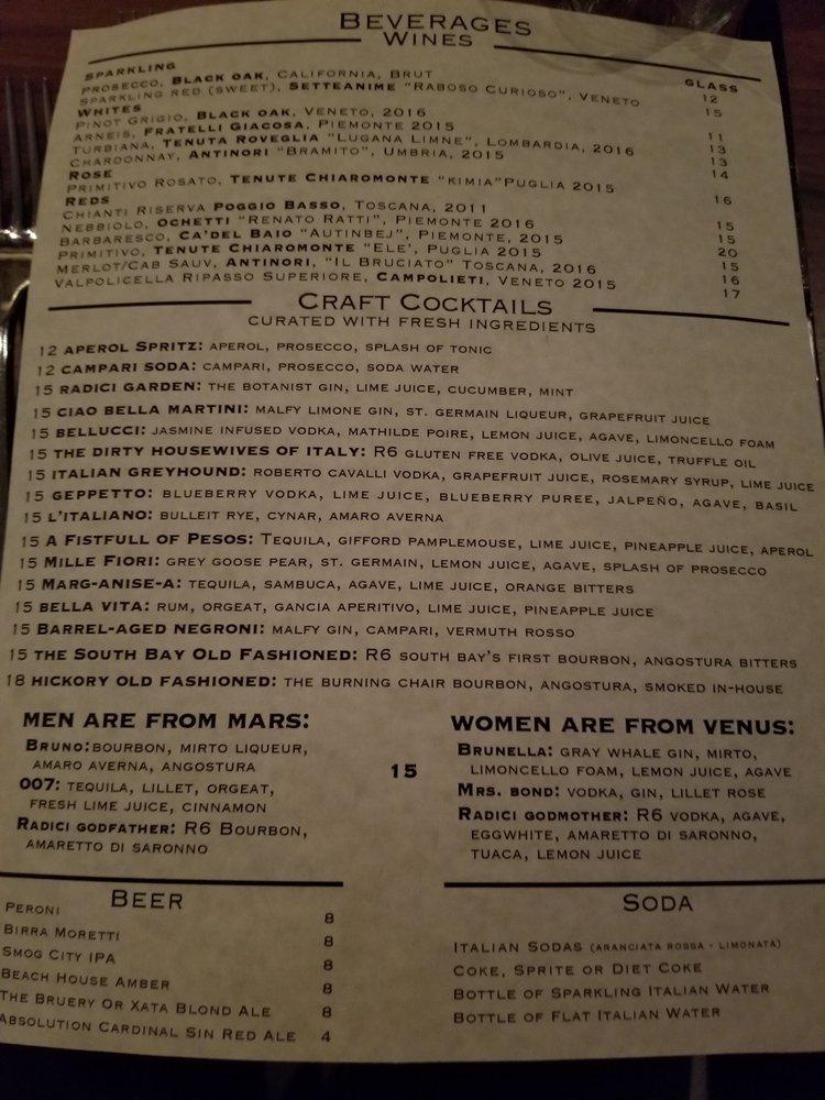 Menu at Radici restaurant, Hermosa Beach