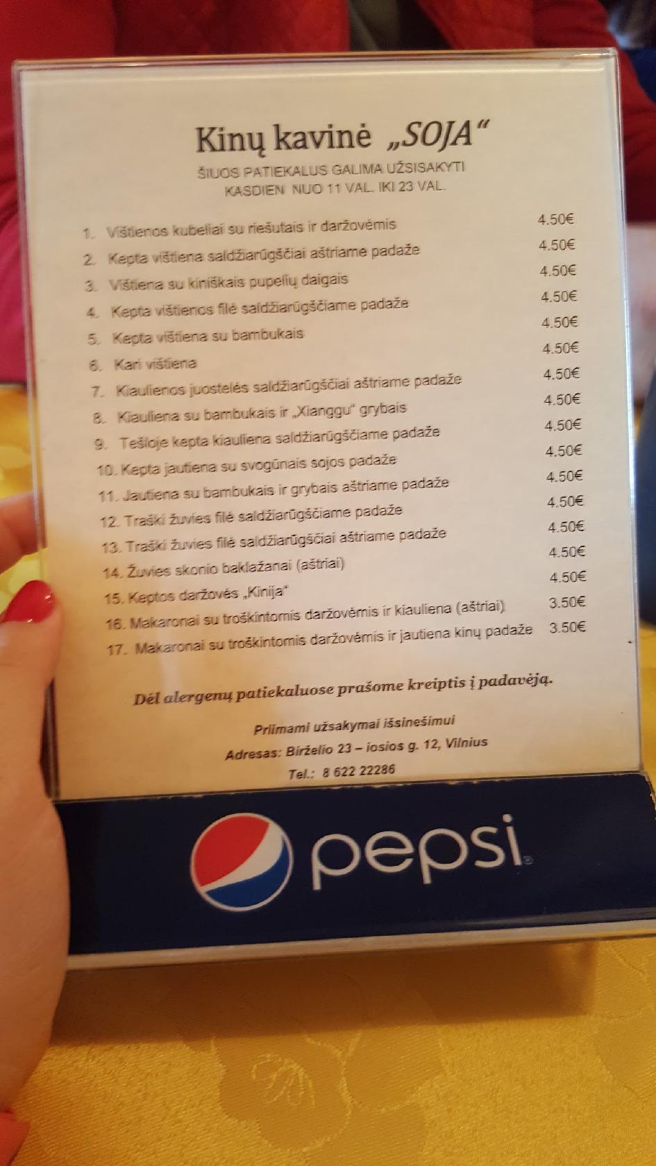 Menu at Soja restaurant, Vilnius, Birželio 23-iosios g. 10