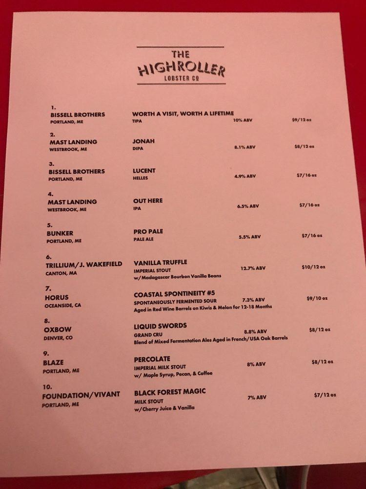 Menu at The Highroller Lobster Co. pub & bar, Portland