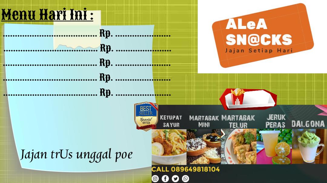 Menu at ALeA SNACKS cafe, Bencongan Indah
