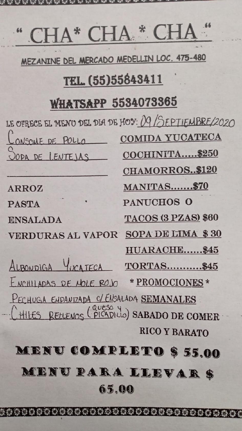 Menu at Antojitos Yucatecos Cha-Cha-Cha restaurant, Mexico City