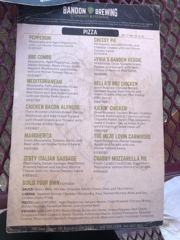 Menu at Bandon Brewing Company pizzeria, Bandon