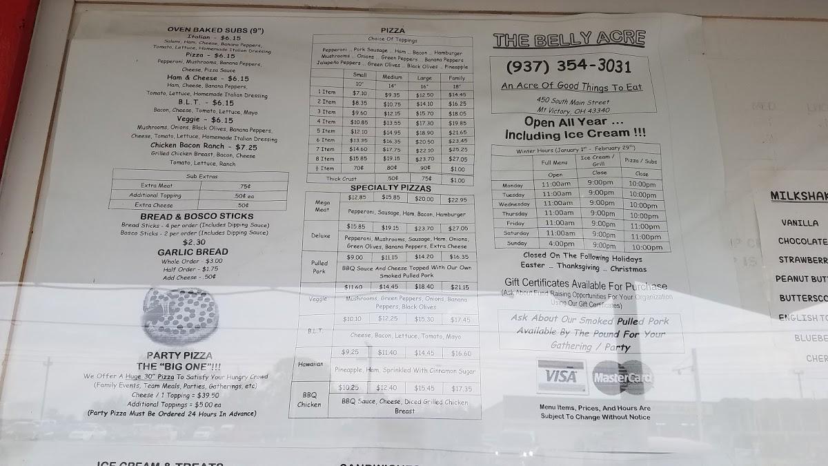 Menu at Belly Acre pizzeria, Mount Victory