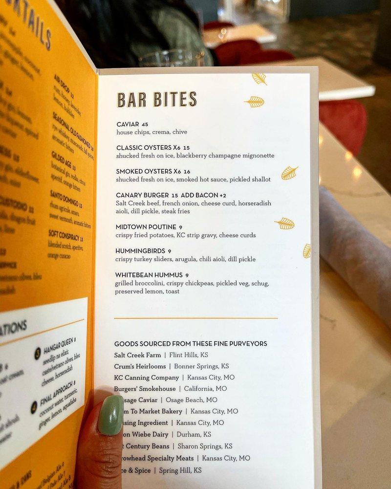 Menu at Canary pub & bar, Kansas City, Main St