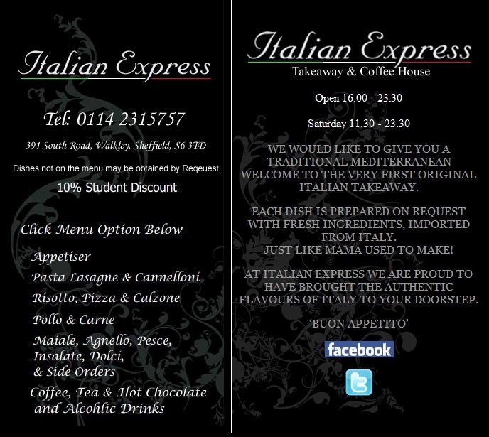 Menu at Leo's Italian Express pizzeria, Sheffield