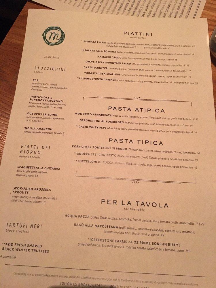 Menu at Monteverde Restaurant & Pastificio, Chicago, W Madison St