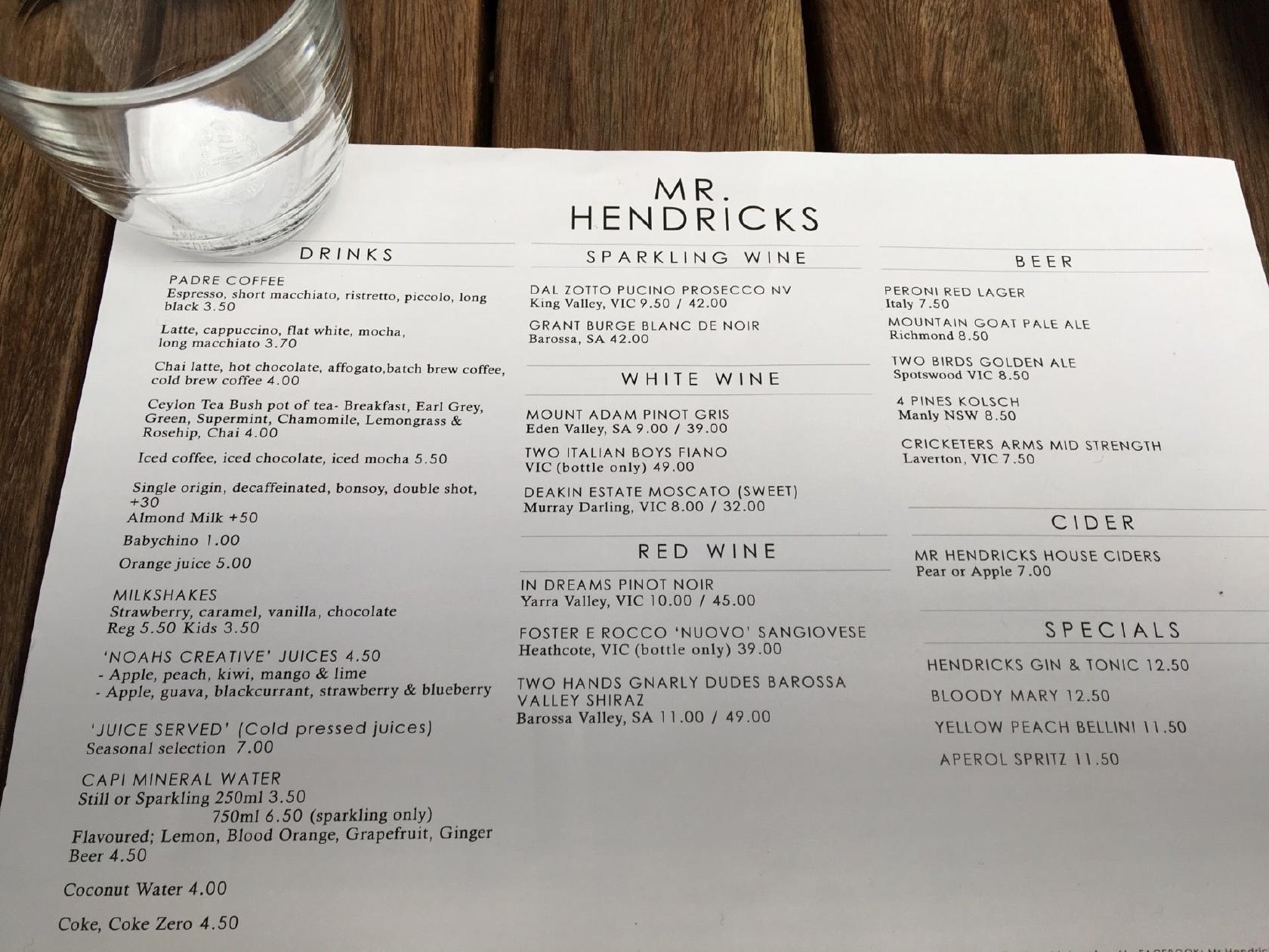 Menu at Mr Hendricks Cafe, Balwyn