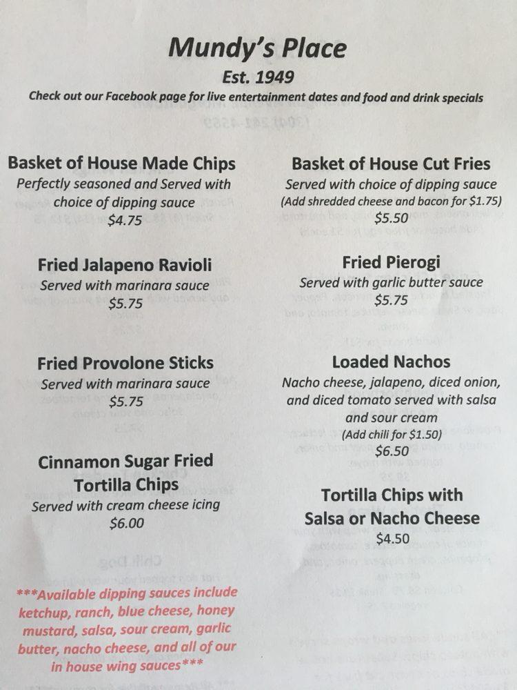 Menu at Mundy's Place pub & bar, Morgantown