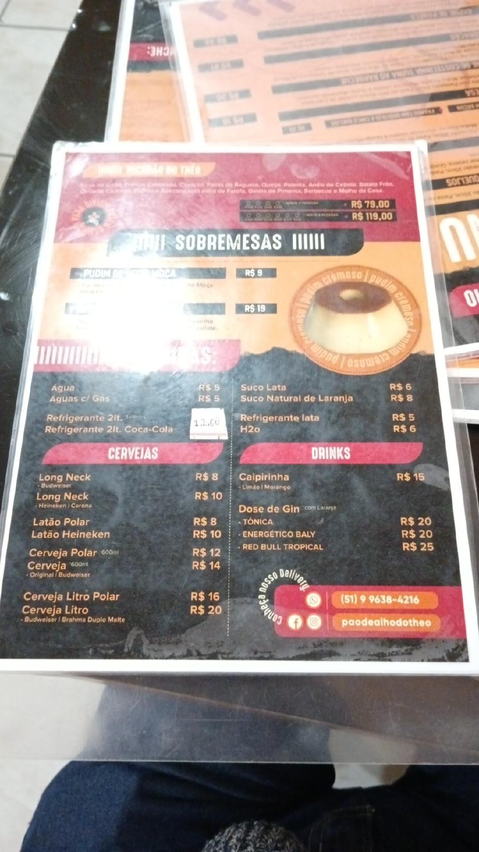 Menu at Pão de Alho do Théo restaurant, Balneário Pinhal
