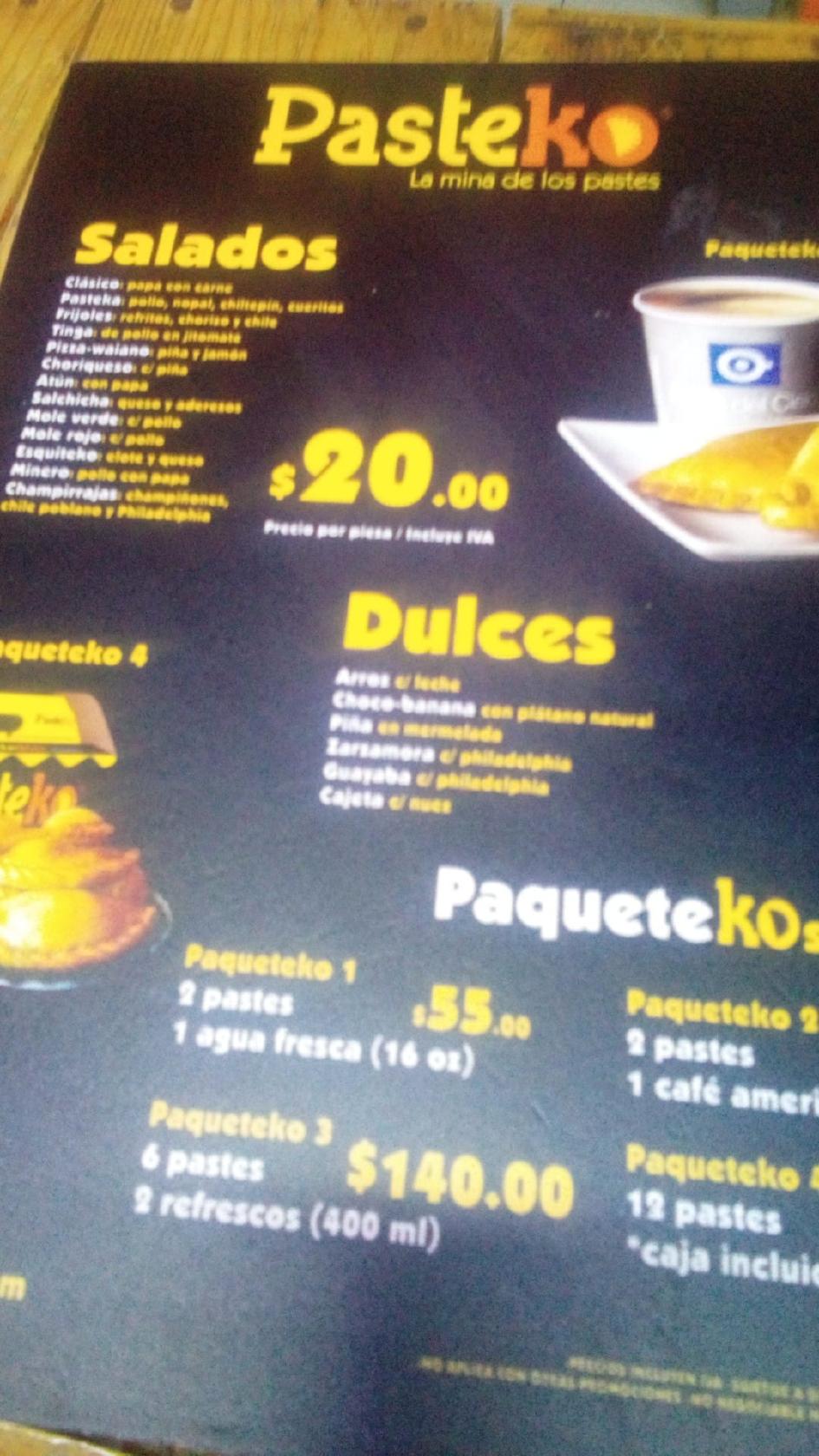 Menu at Pasteko - La Mina De Los Pastes restaurant, Santa Ana Xalmimilulco