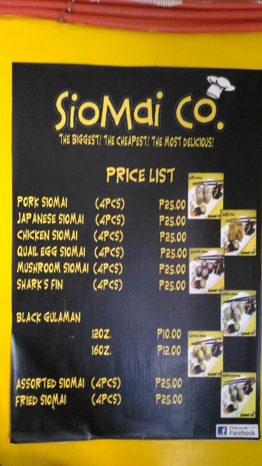 Menu at Siomai Co. cafe, Batangas