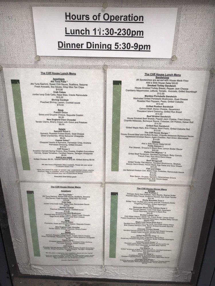 Menu at The Cliff House at Pikes Peak restaurant, Manitou Springs