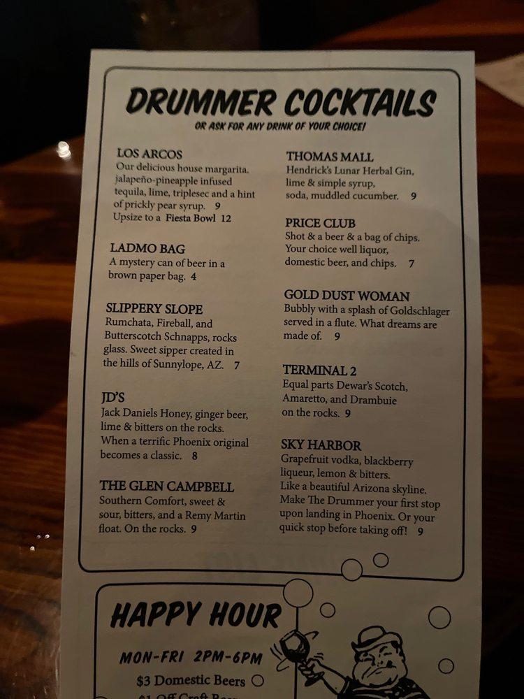 Menu at The Dirty Drummer pub & bar, Phoenix, N 44th St