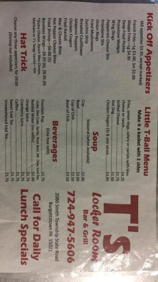 Menu at T's Locker Room pub & bar, Burgettstown