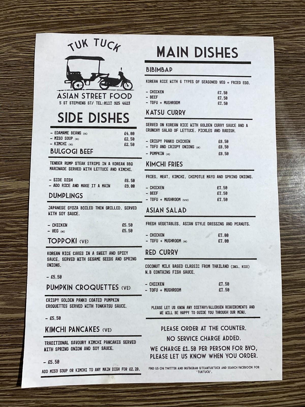 Menu at Tuk Tuck Stokes Croft restaurant, Bristol