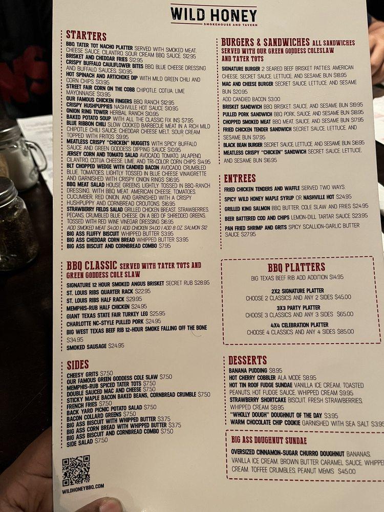 Menu at Wild Honey Smokehouse and Tavern BBQ, Atlantic City