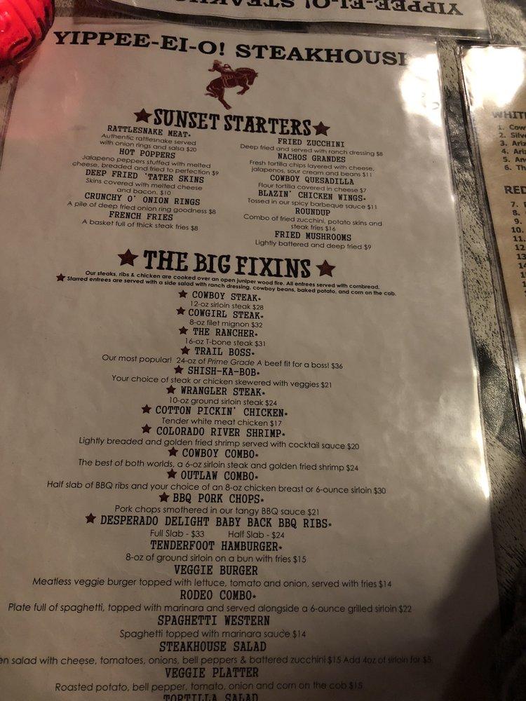Menu at Yippee-Ei-O! Steakhouse, Tusayan, 541 AZ-64