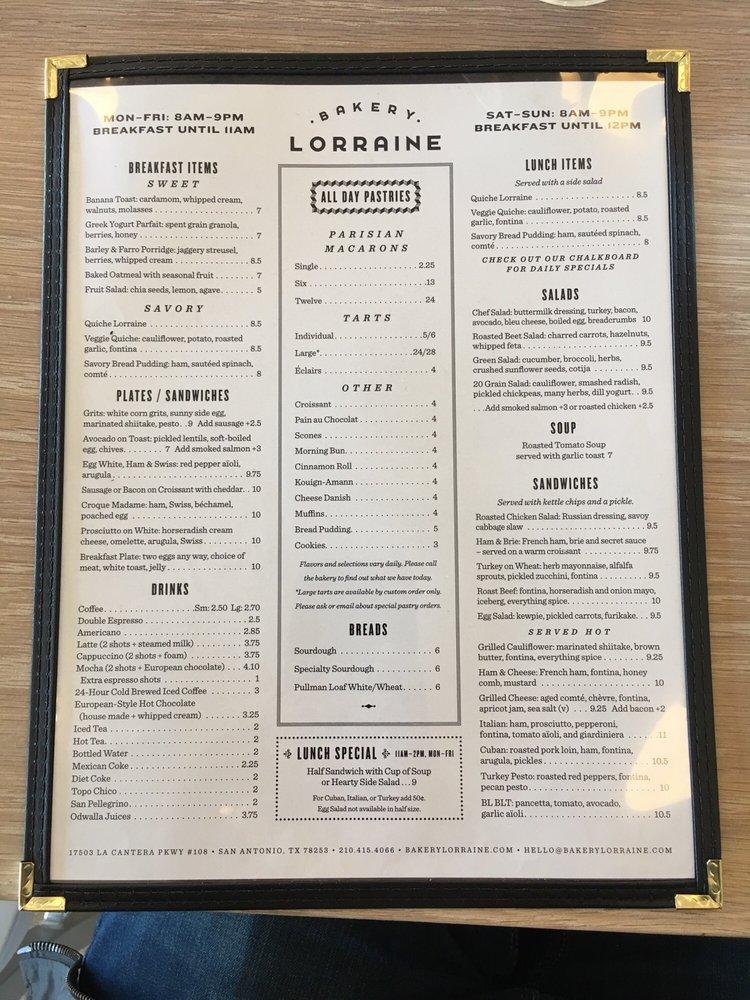 Menu at Bakery Lorraine at the Rim, San Antonio, La Cantera Pkwy