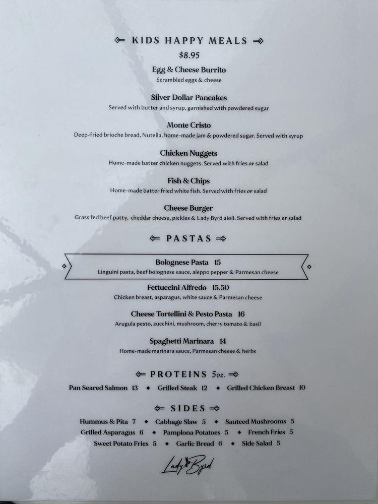 Menu at lady byrd cafe, Los Angeles
