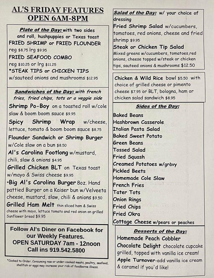Menu at Al's Diner restaurant, Pittsboro