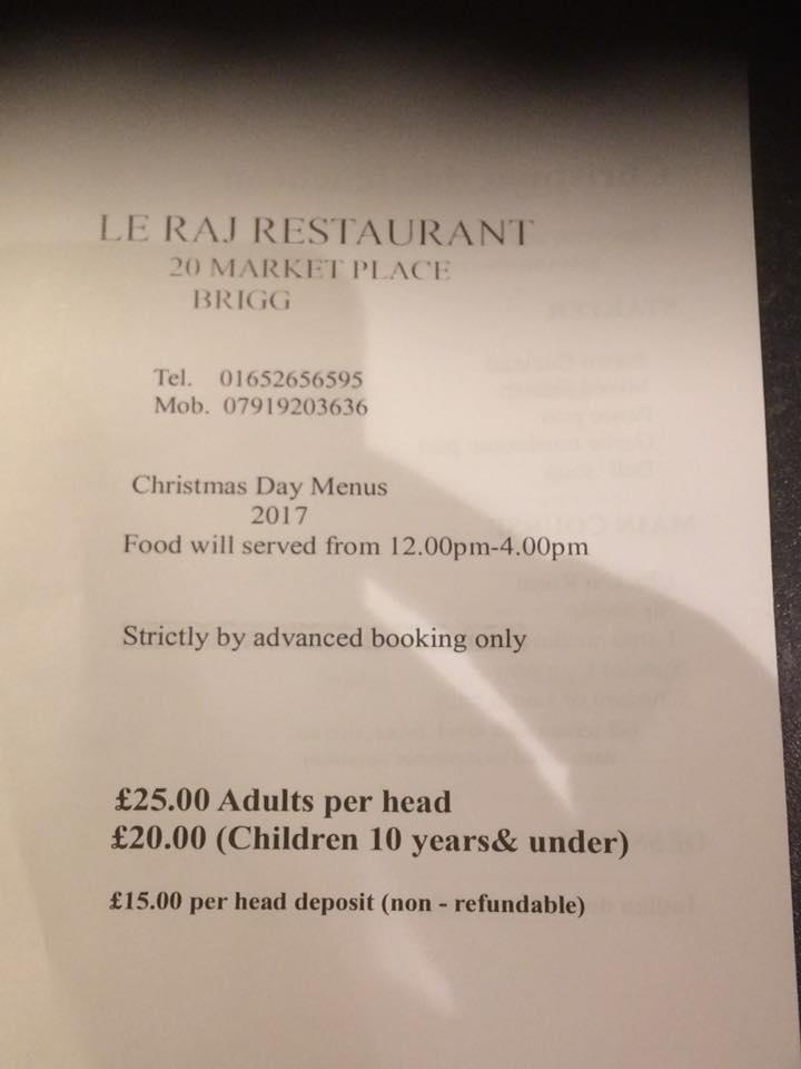 Menu at Le Raj restaurant, Brigg
