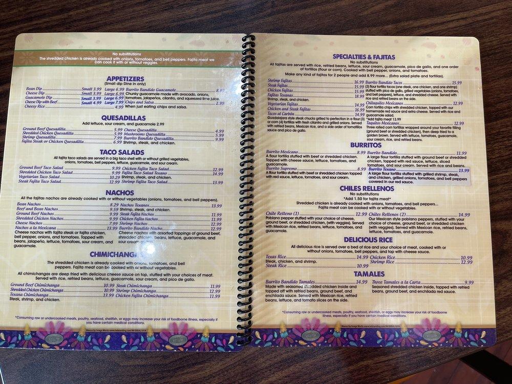 Menu at Burrito Bandido Mexican Grill restaurant, Foley