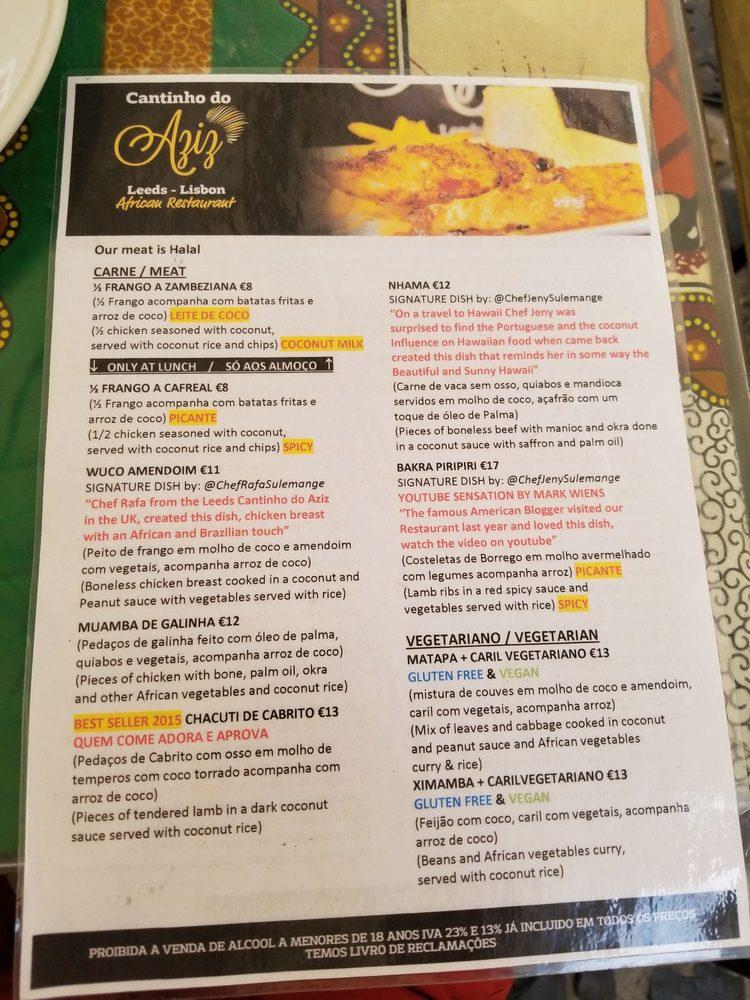 Menu at Cantinho do Aziz restaurant, Lisbon