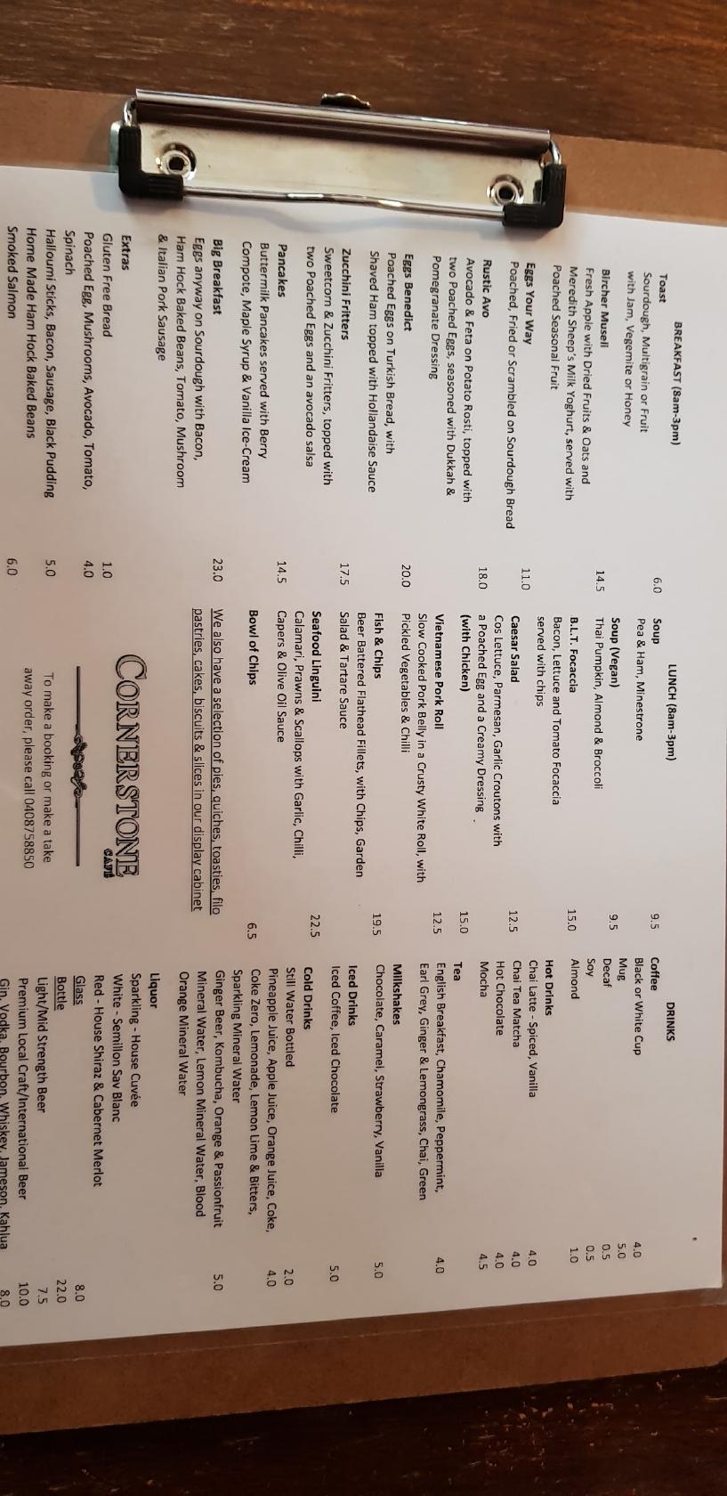 Menu at Cornerstone Cafe, Ballarat Central