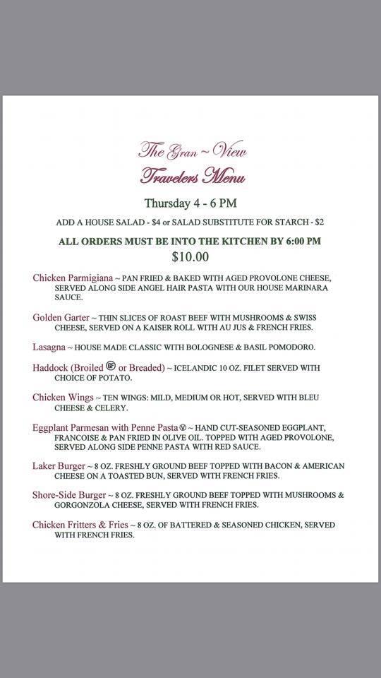 Menu at The Inn at Gran View restaurant, Ogdensburg