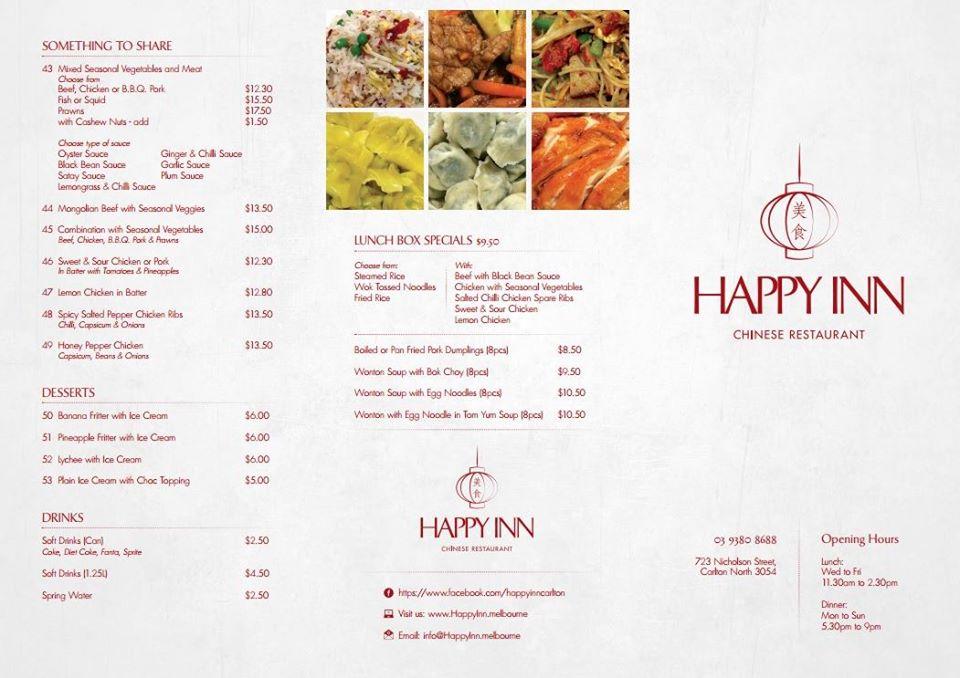 Menu at Happy Inn restaurant, Carlton North, 723 Nicholson St