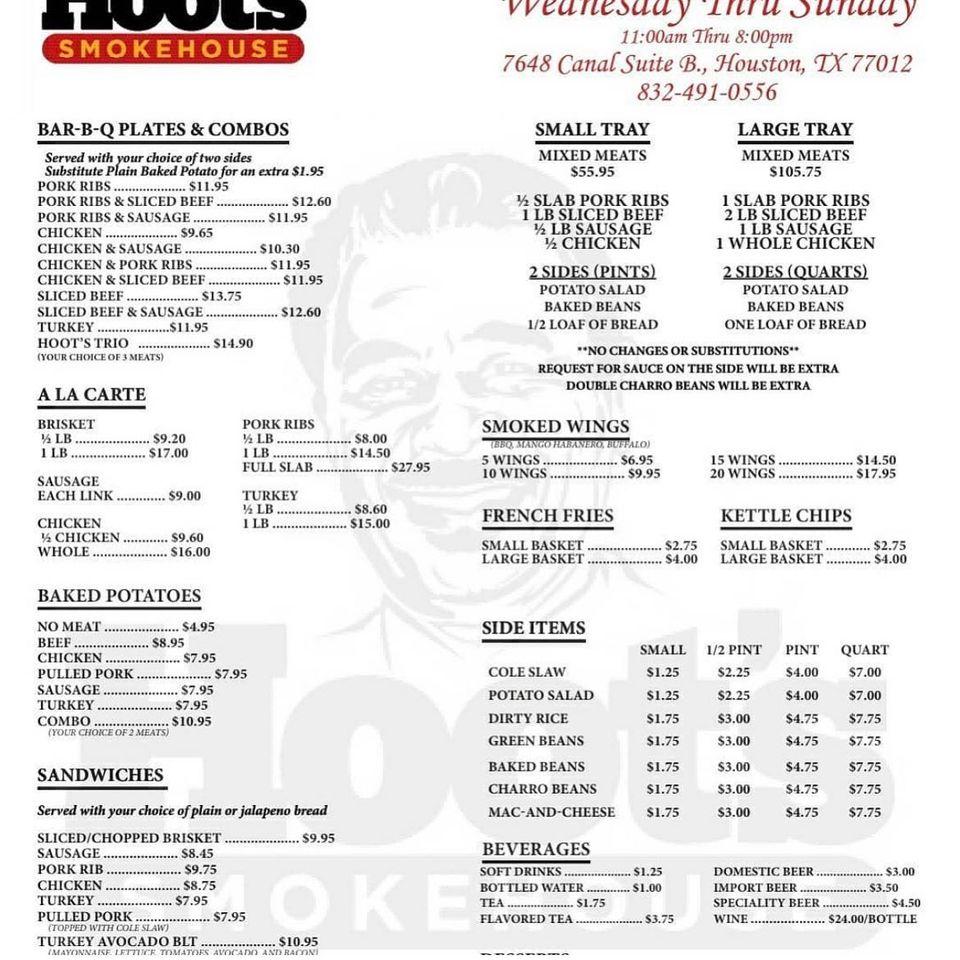 Menu at Hoot's Smokehouse BBQ, Houston