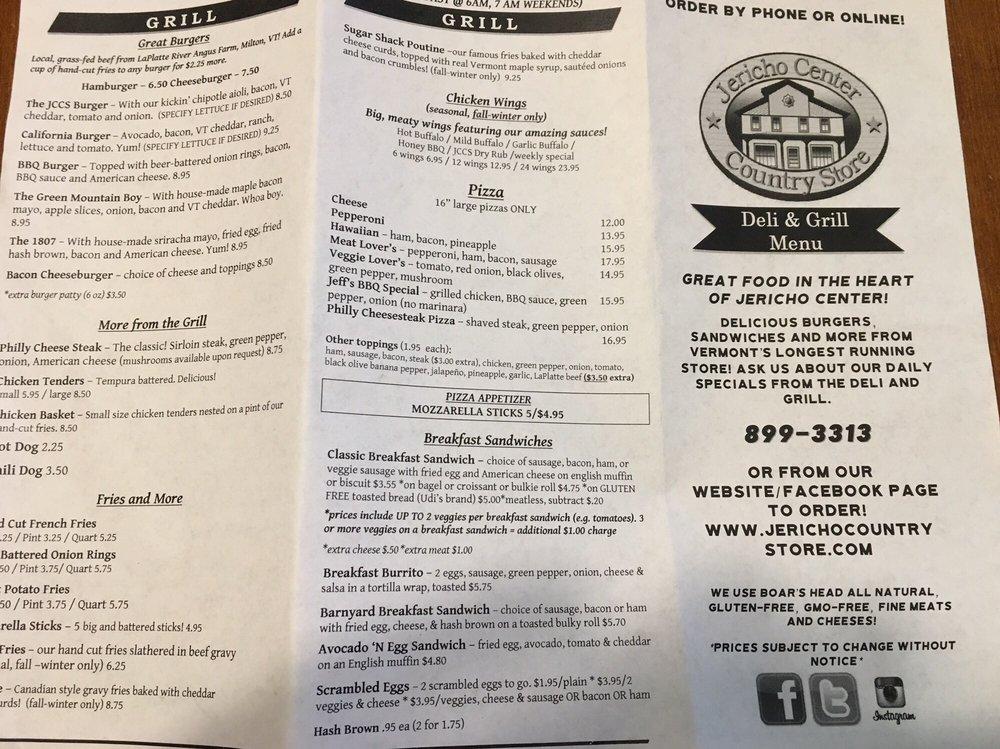 Menu at Jericho Center Country Store, Jericho