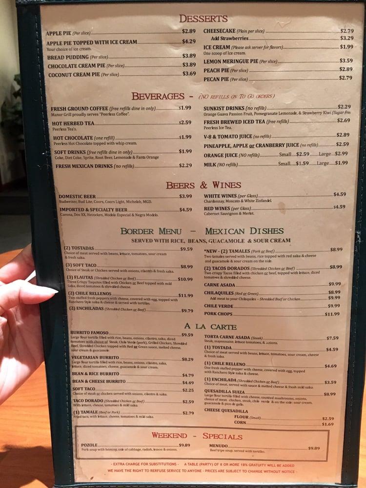 Menu at Manor Grill restaurant, San Leandro
