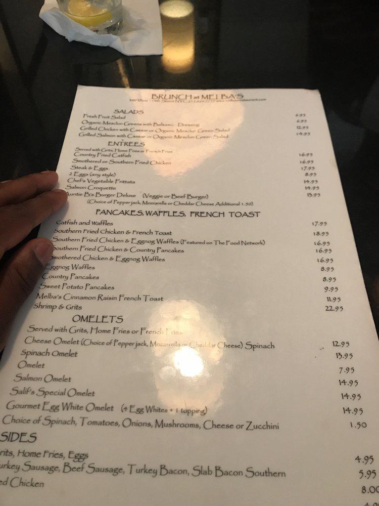 Menu at Melba's Restaurant, New York City, 300 W 114th St