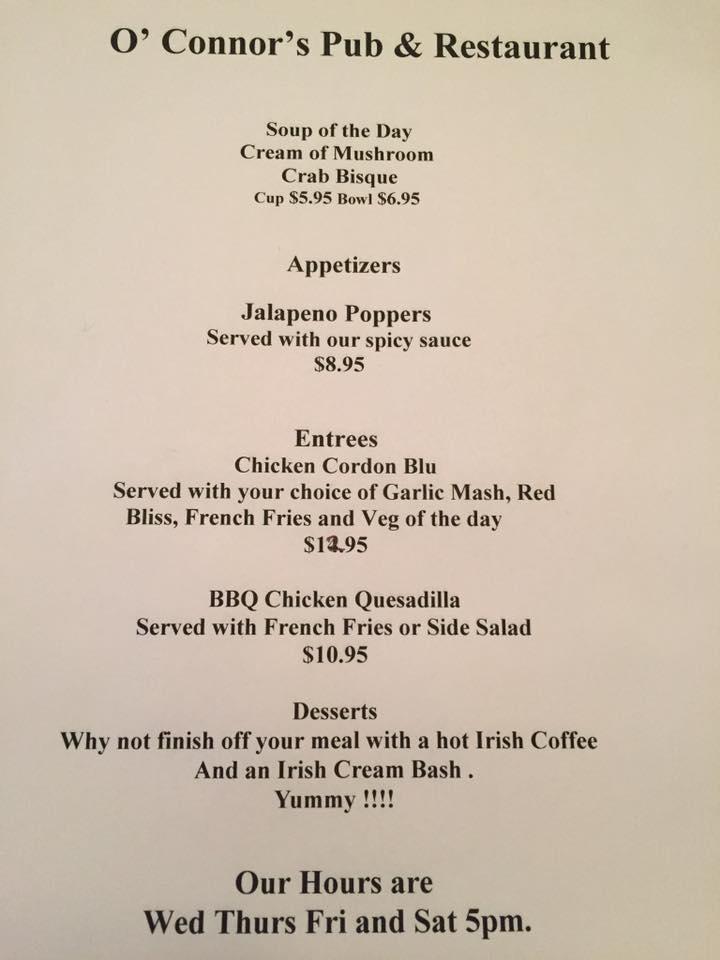 Menu at O'Connors Pub & Restaurant, Chestertown
