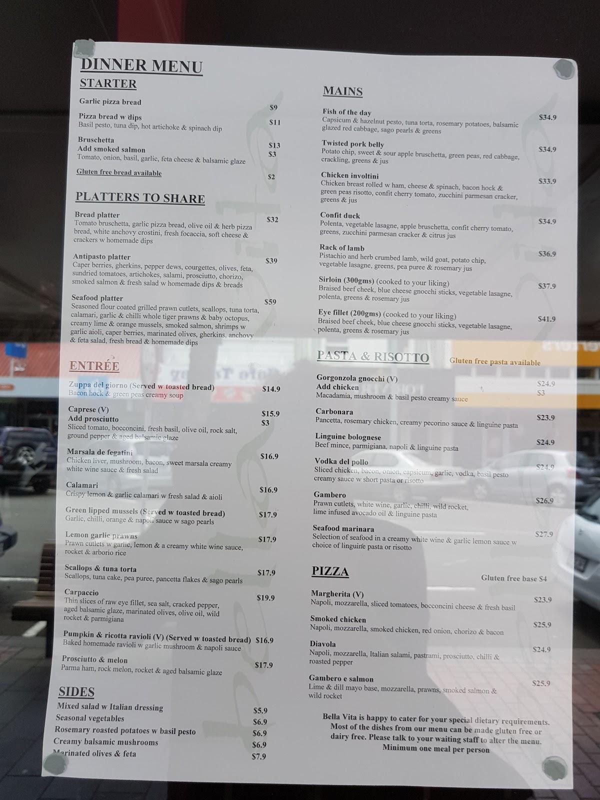 Menu at Peroni restaurant, New Plymouth