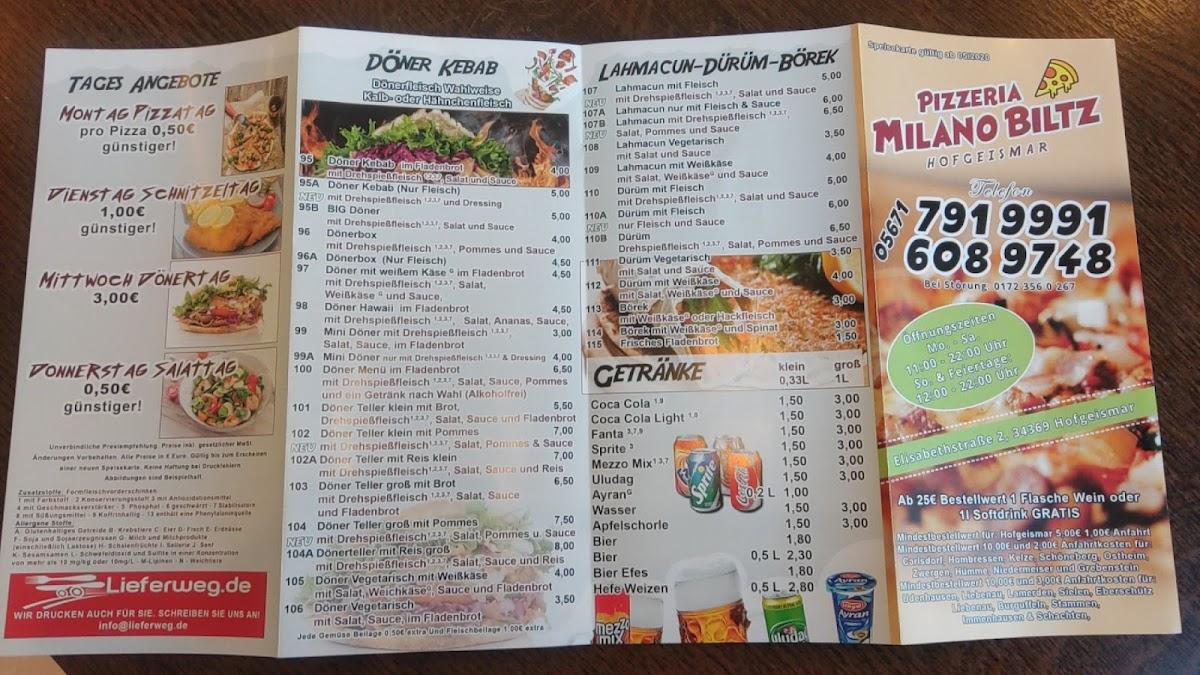 Speisekarte von Pizzeria Milano Blitz, Hofgeismar