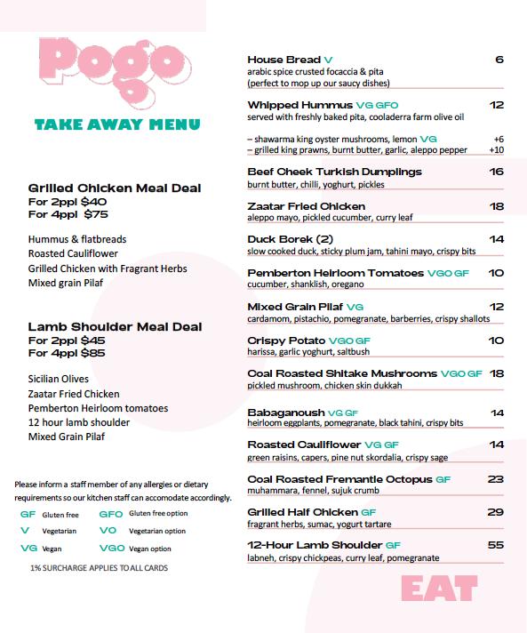 Menu at Pogo restaurant, Mount Hawthorn