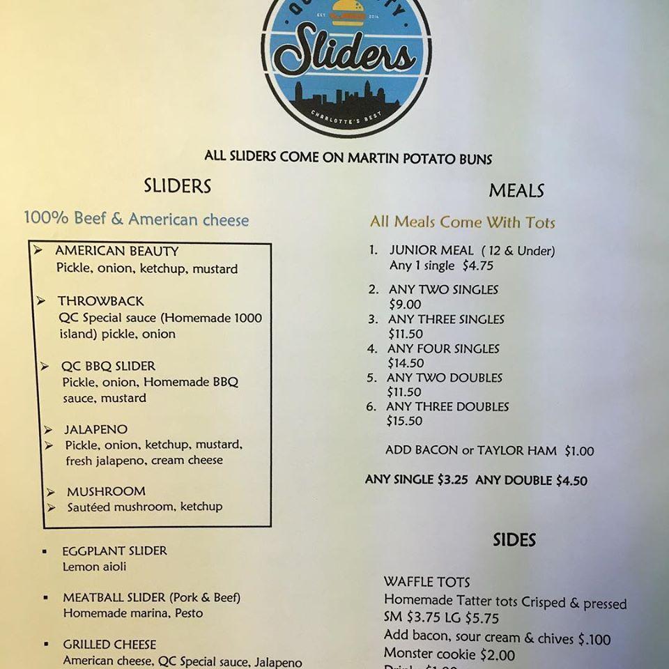 Menu at Queen City Sliders restaurant, Charlotte, Elm lane